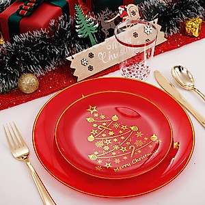 LIYH 150 PCS Plastic Christmas Dinnerware Set, Red Plastic Christmas Plates, Disposable Christmas Dinnerware with Christmas Tree Design, Plastic Christmas Silverware, Christmas Cups 25 Guests