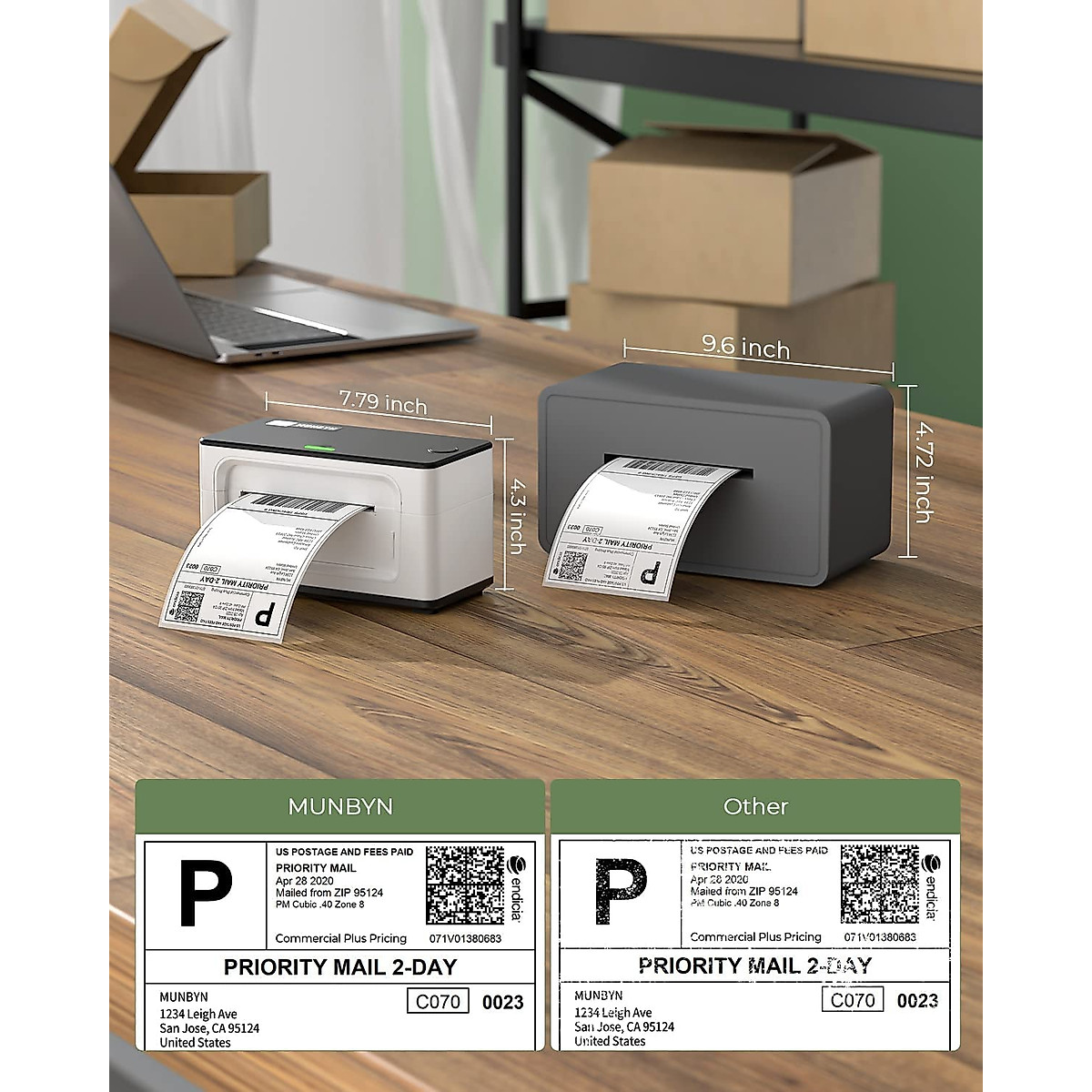 MUNBYN Shipping Label Printer, 4x6 Label Printer for Shipping Packages, USB Thermal Printer for Shipping Labels Home Small Business, with Software for Instant Conversion from 8x11 to 4x6 Labels