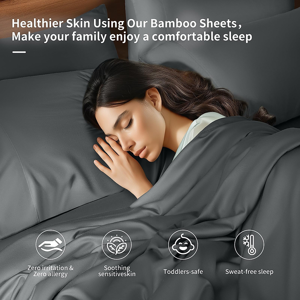 Shilucheng 6-Piece Sheets Set，Rayon Derived from Bamboo_ Sheets, Cooling & Breathable Bed Sheets, Silky Bedding Sheets & Pillowcases, 16 Inch Deep Pockets(Queen,Dark Grey)