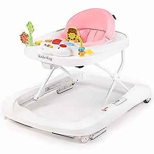 Kinder King 3 in 1 Folding Baby Walker, Activity Walker for Boys Girls, Learning-Seated, Toddler Walk-Behind w/Music Toys, Adjustable Height & Speed, Safety Bumper, Infant Walker Anti-Rollover, Pink