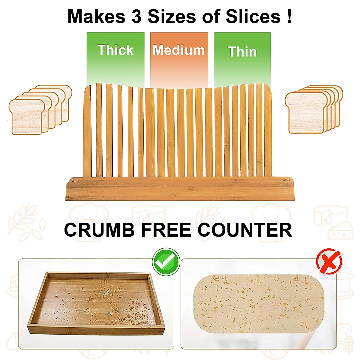 OMDS Luxury Bamboo Bread Slicer with Knife - 3 Slice Thickness, Foldable Compact Cutting Guide with Crumb Tray, Stainless Steel Bread Knife for Homemade Bread, Cake