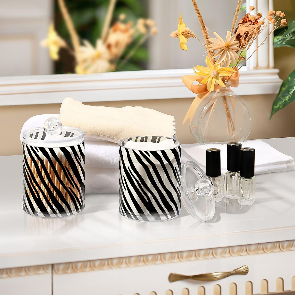 FLildon Zebra Print Black & White Qtip Holder Dispenser, Bathroom Organizer and Storage Containers, 2 Pack Clear Plastic Apothecary Jars with Lids for Cotton Ball, Cotton Swab, Floss