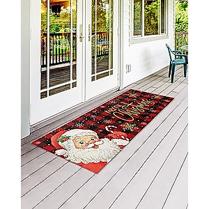 Floor Mat Kitchen Rug Santa Claus Merry Christmas Winter Snow Washable Doormat Non Slip Bathroom Rugs,Red Black Buffalo Plaid Absorbent Carpet for Bedroom Laundry Living Room Sink 18x60in