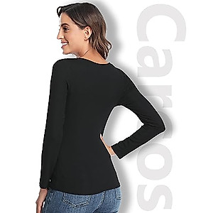 CARCOS Women's Casual Tops Sexy V Neck Long Sleeve Pullover Underwear Tee Slim Fit Basic Shirts Black L