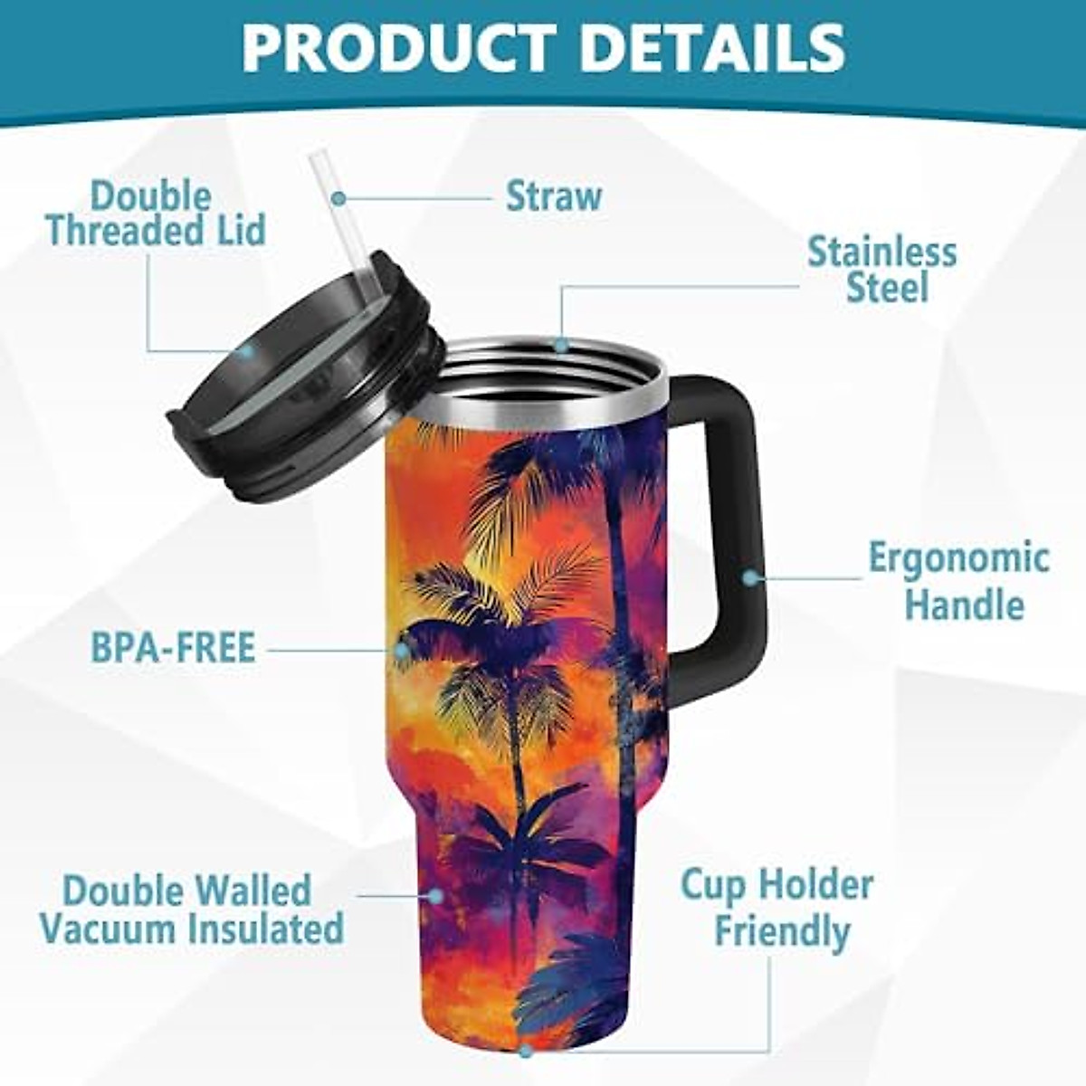 Selerdon 40 oz Tumbler Coconut Trees Tropical Print with Handle and Straw Lid Vacuum Stainless Steel Insulated Water Bottle Travel Mug Car Cup Holder Friendly BPA Free for Gym Travel Office