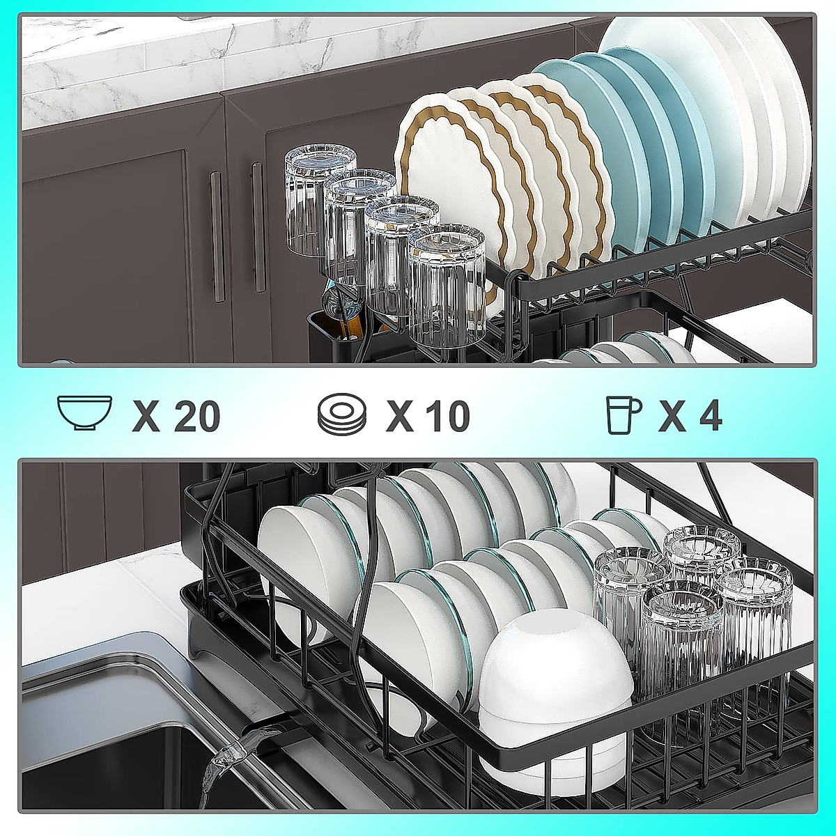 XIYAO Kitchen Dish Dring Rack with Drainboard, 2-Tier in Sink Dish Drying Rack with Utensil Holder for Kitchen Counter, Large Capacity Dish Strainers with Water Bottle Drying Rack (Black)