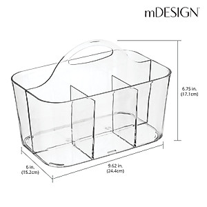 mDesign Small Plastic Shower/Bath Storage Organizer Caddy Tote with Handle for Dorm, Shelf, Cabinet - Hold Soap, Shampoo, Conditioner, Combs, Brushes, Lumiere Collection, Clear