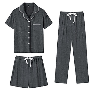 SWOMOG Womens 3pcs Button Down Pajamas Set Short Sleeve Sleepwear Bride Soft Pj Lounge Sets with Long Pants Deep Grey X-Large