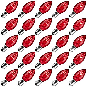 25 Pack Replacement C7 Light Bulbs for E12 Base Christmas String Lights, Classic Christmas Bulbs for Holiday Party Indoor Outdoor Garden Backyard Cafe Xmas Decoration, Red