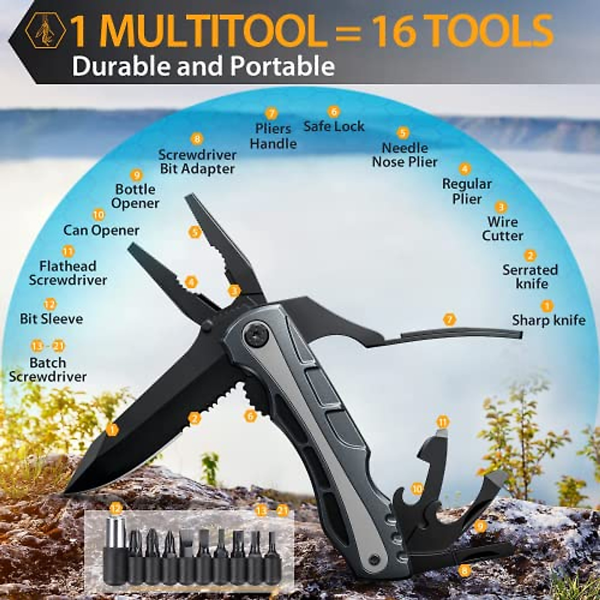 Camping Accessories Multitool Gifts for Men - 16-in-1 Multi Tool Camping Knife Christmas Stocking Stuffers Survival Kit with Pouch Pocket Knife Pliers, Safety Lock, EDC Cool Utility Gadget Women Gifts
