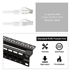 iwillink 10Gbps Patch Panel 24 Port, RJ45 Through Coupler Cat6 Patch Panel UTP 19-Inch 1U with Back Bar, Wallmount or Rackmount, Compatible with Cat5, Cat5e, Cat6 Cabling