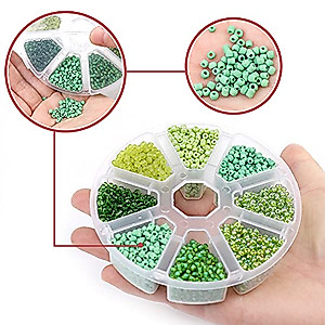 3600 Pcs Glass Seed Beads, 3mm 8/0 Bracelet Beads Set, Assorted Glass Beads with 8-Grid Plastic Storage Box, Small Round Beads for Jewelry Making - Green Series