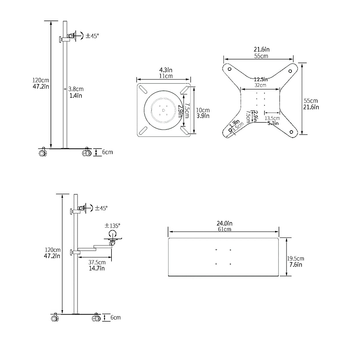 Monitor Arms Floor-standing Monitor Stand Mobile Single Monitor Stand Mount with Wheels and Keyboard Tray Height-adjustable LCD Monitor Stand for 10"-34" Monitor Adjustable Height Monitor