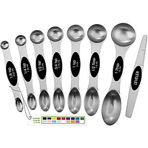 Spring Chef Magnetic Measuring Spoons Set, Dual Sided, Stainless Steel, Fits in Spice Jars, Black, Set of 8