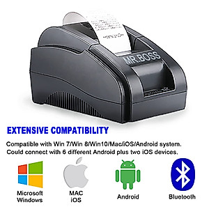 MRBOSS 2“ 58mm POS Cash Register Portable Thermal Receipt Printer with High Speed Printing USB+Bluetooth Interface for Supermarket Restaurant Retail Sales Kitchen Support Windows Android MAC