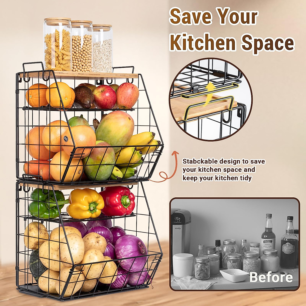 3 Tier Fruit Basket for Kitchen with Bamboo Cutting Board, Pantry Kitchen Organizers and Storage, 2 Set Stackable Wire Wall Basket, Onion Potato Vegetable Storage for Countertop Floor Cabinet Shelf