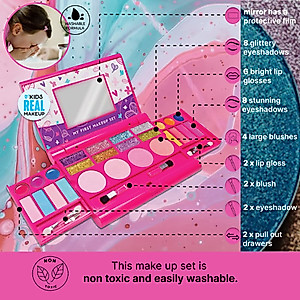 My First Makeup Set for Young Girls I Kids Makeup Kit for Little Girls I Foldable Makeup Palette with Makeup Mirror I Pink Set Makeup for Kids Vanity I Original Design Washable Toddler Makeup Kit Gift