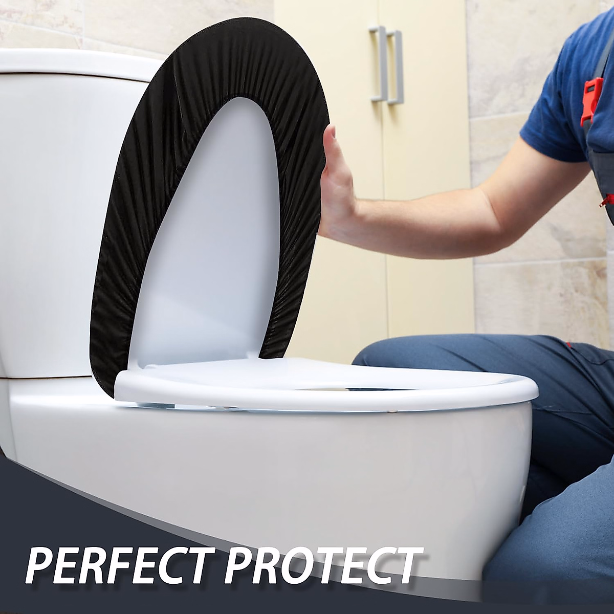 4PCS Toilet Lid Cover and Toilet Tank Cover, Stretch Toilet Lid Covers for Most Size Toilet Lids, Black and Light Gray