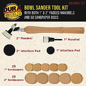 Dura-Gold Bowl Sander Tool Kit with 1" & 2" Hook & Loop Backing Pads, 50 Sanding Discs - Dual Bearing Head, Hardwood Handle, 1/4" Mandrel - 60, 80, 120, 220, 320 Grit Sandpaper - Sand Wood Woodworking