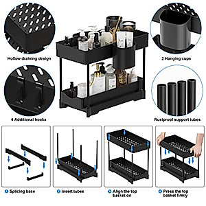 4 Pack 2-Tier Under Sink Organizer with Sliding Storage Drawer, Multi-Purpose Under Sliding Cabinet Shelf Basket Collection Organizer Drawer for Bathroom Kitchen with Hanging 8 Cup and 16 Hooks