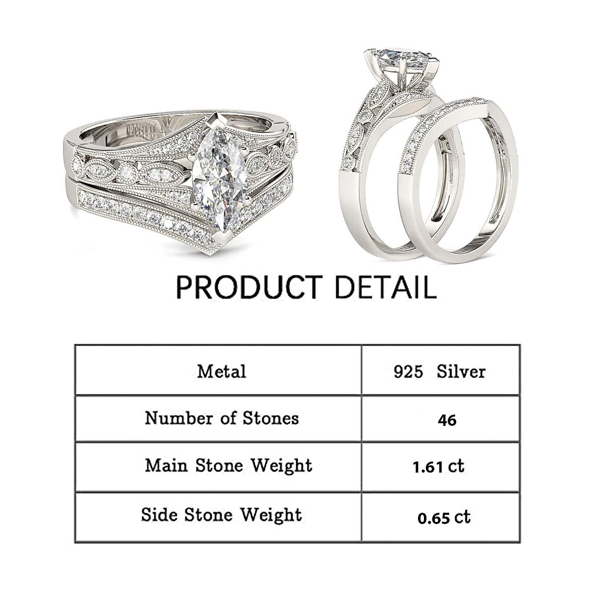 Jeulia 2 Pieces Ladies Rings Set Sterling Silver Milgrain Marquise Cut Rings Jewelry for Bridal Wedding Band Engagement Anniversary Ring (6)