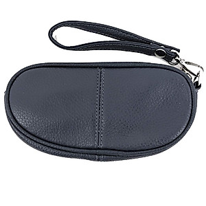 SILVERFEVER Leather Eyeglass Glasses Case with Wristlet Handle, Padded (Navy)