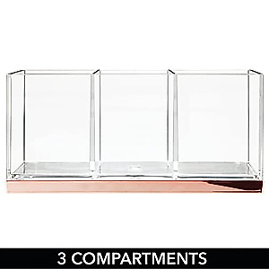 mDesign Plastic Makeup Organizer Caddy Bin with 3 Sections for Bathroom Vanity Countertops or Cabinet: Stores Makeup Brushes, Eye and Lip Pencils, Lipstick, Lip Gloss, Concealers - Clear/Rose Gold