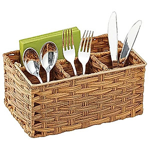 mDesign Plastic Woven Divided Cutlery Storage Organizer Caddy Tote; Basket Holder for Kitchen Table, Cabinet, Pantry - Holds Silverware, Forks, Knives, Spoons, Napkins and other Utensils - Camel Brown