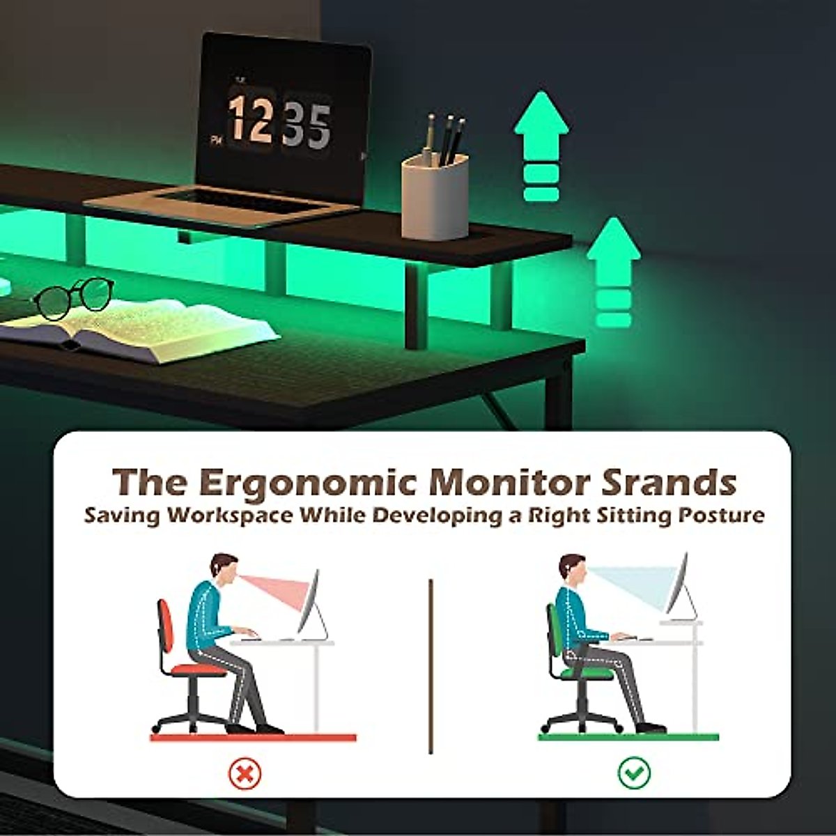 SUPERJARE L Shaped Gaming Desk with Power Outlets & LED Lights, Computer Desk with Monitor Stand & Storage Shelf, Home Office Desk Corner Desk with Hooks, Black