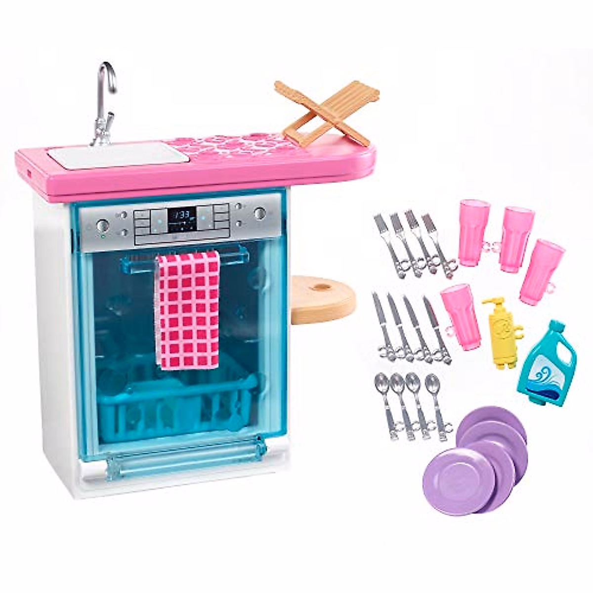 Barbie Indoor Furniture Playset, Kitchen Dishwasher with Working Door and Pull-Out Tray, Plus Dishes and Washing Accessories