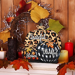 Soaoo Fall Pumpkin Sign Decoration 11 Inch Wooden Pumpkin Table Centerpiece Thanksgiving Autumn Pumpkin Tabletop Sign Blessed Grateful Thankful Sign for Thanksgiving Fall Harvest Home Farmhouse Decor