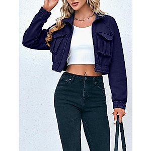 Fisoew Womens Cropped Jackets Casual Zip Up Long Sleeve Stand Collar Coat Outwear with Pockets Dark Blue