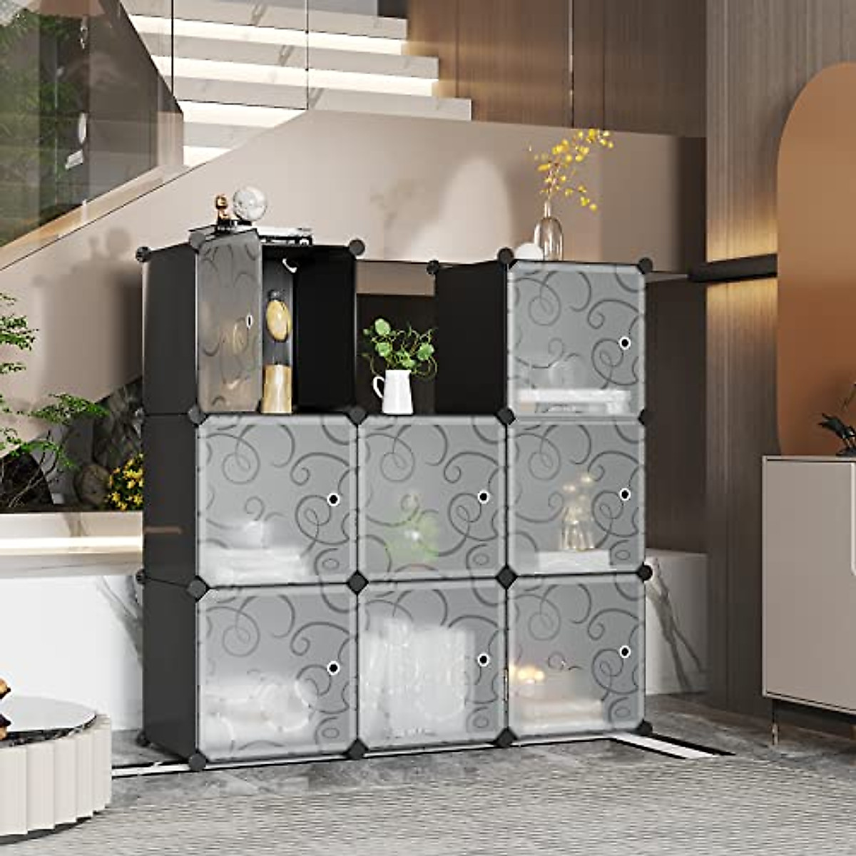 C&AHOME Cube Storage Organizer with Doors, 9-Cube Shelves, Closet Cabinet, DIY Plastic Modular Bookshelf, Storage Shelving Ideal for Bedroom, Living Room, 36.6”L x 12.4”W x 36.6”H Black USHS3009B-DOOR