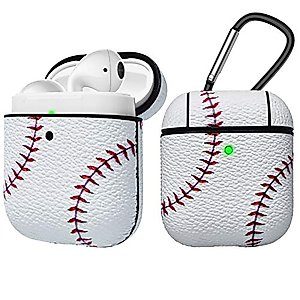 Tekcoo AirPods Case, [Front LED Visible] AirPods Accessories Cover Compatible with Apple Airpods 1 & AirPods 2 Protective PC Plastic Inner + PU Vegan Leather Pattern Skin & Keychain [Baseball]