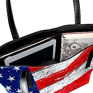 Vintage American Flag Tote Bag for Women Girls, Leather Shoulder Bag with Inside Pockets, Zip Top Handbags