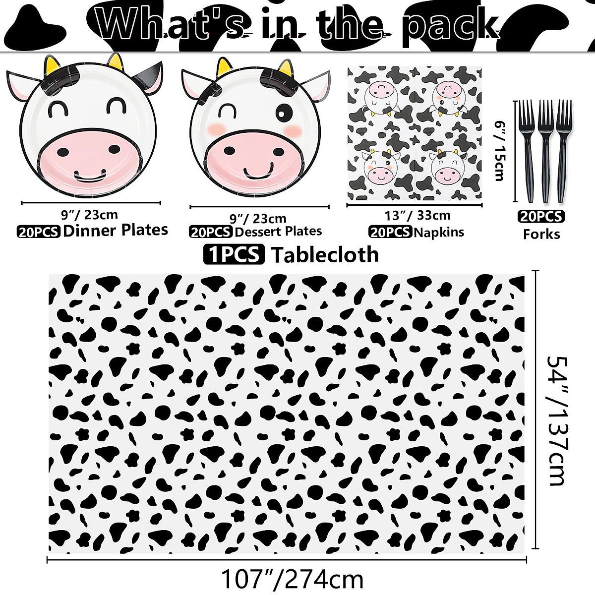 81 Pcs Cow Print Party Supplies, 40 Pcs Cow Shape Party Plates, 20 Cow Pattern Napkins, 20 Pcs Forks, 1 Pcs Cow Print Table Cover for Girl Boy Kid Birthday, Baby Shower, Farm Animal Theme Party