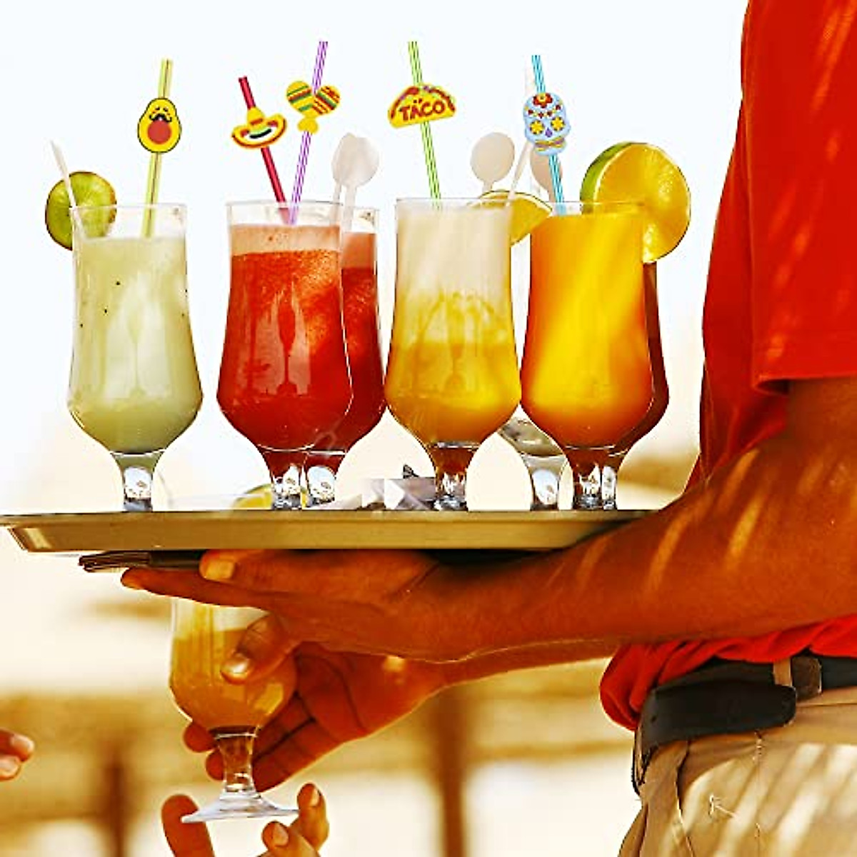 24pcs Cinco De Mayo Fiesta Theme Beverage Cocktail Straws for Mexico Fiesta Taco Party Supplies Party Favor with 2 Pieces Straw Cleaning Brushes, 6 Colors Straws