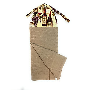 Wine Bottles Glasses and Grapes Ties On Stays Put Tan Kitchen Bathroom Hanging Loop Hand Dish Towel She Who Sews