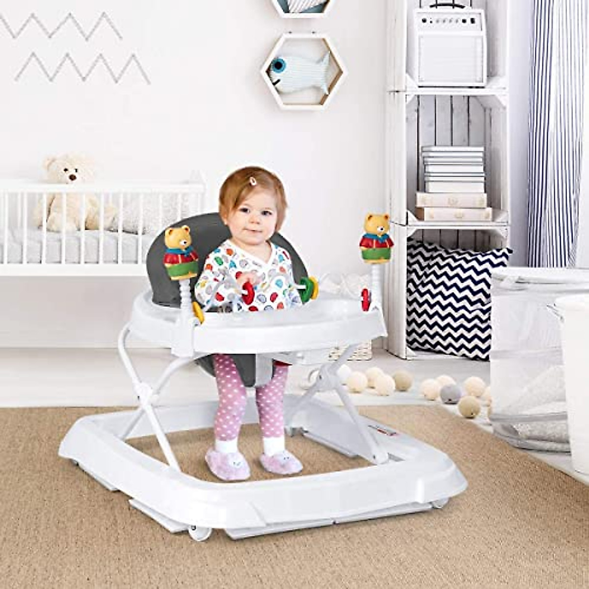 INFANS Foldable Baby Walker, Toddler Activity Walker Helper with Adjustable Height, Safety Belt, High Back Padded Seat for Kids Boys and Girls (Gray)