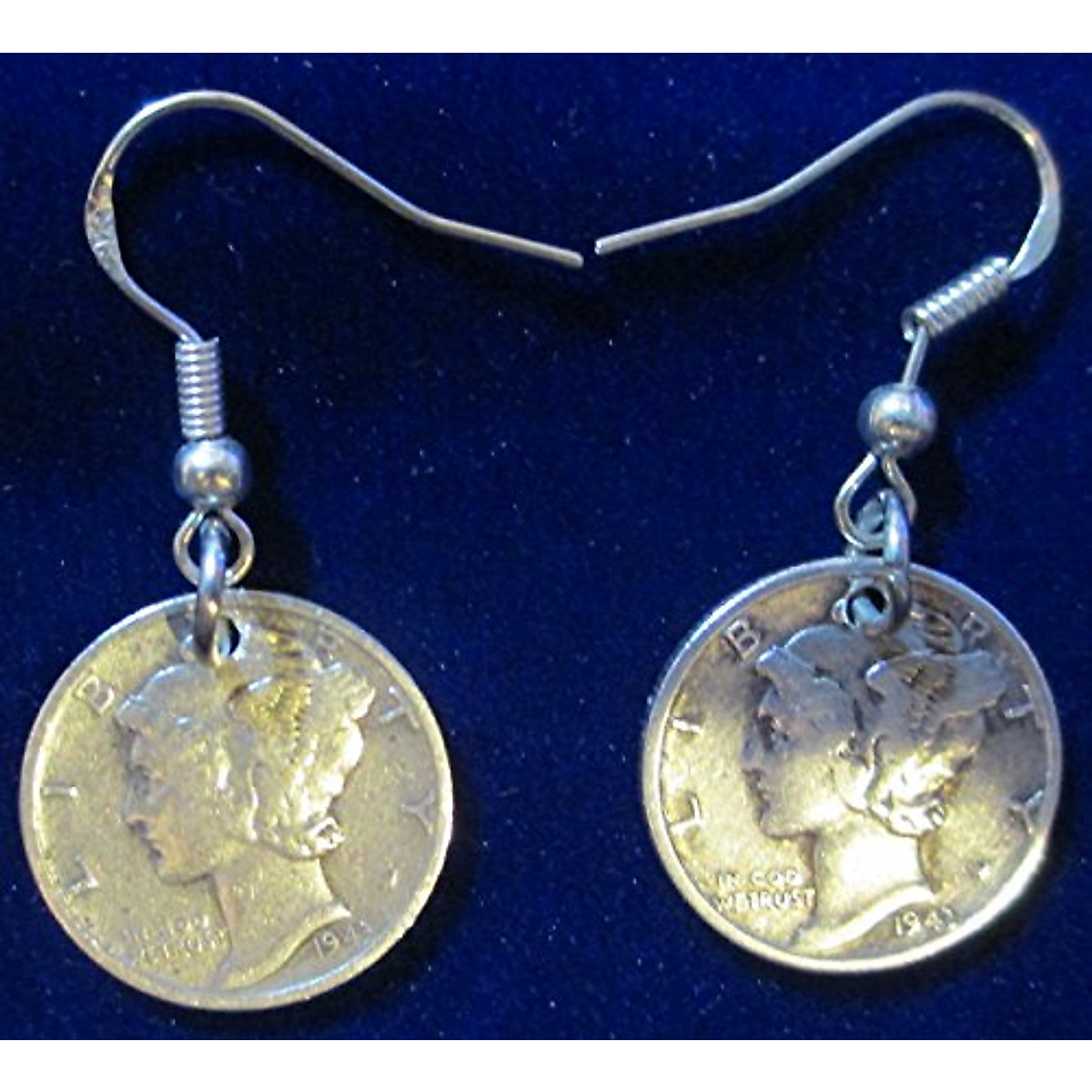 Mercury Dime (900 Silver) Earings with 925 Sterling Silver Earrings Hook Coil Ear Wires & Gift Bag