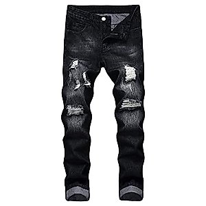 Men's Ripped Washed Slim Fit Jeans Straight Leg Moto Biker Denim Pants Vintage Distressed Skinny Jean Trousers (Black,40)