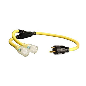 Woods Coleman Cable 01915 3-Feet Generator Power Cord Adapter, 10/3 Splitter Y Adapter, L5-30P to (2) Lighted 5-20R