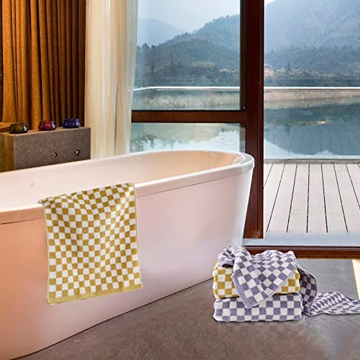 IDORESPELL Luxury Bath Towel Sets Yellow White Checkered Large Ultra Soft 100% Cotton Classic Checkerboard 1 Bath Towels Sheets 2 Hand Towels Highly Absorbent for Adults Girl Face Body (Yellow)