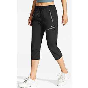 MOCOLY Women's Hiking Capris Pants Outdoor Lightweight Quick Dry Water Resistant UPF 50 Cargo Pants with Zipper Pockets Black M