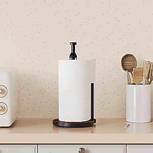 VEHHE Paper Towel Holder Stand, Wood Farmhouse Paper Towel Holder Countertop with Ratchet System and Suction Cups, Stainless Steel Perfect Tear Paper Towel Roll Holders with Wooden Base- Black