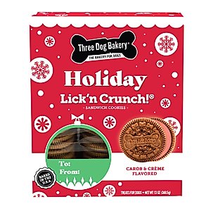 Three Dog Bakery Holiday Lick'n Crunch, Carob Cookie w/Red Crème, Vanilla Flavored Filling, Premium Treats for Dogs, 13 Ounces Each