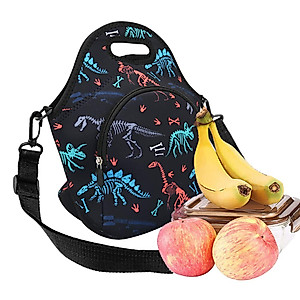 Violet Mist Neoprene Thermal Insulated Lunch Bag Tote Large with Extra Pocket Detachable Adjustable Shoulder Lunchbox Handbags Women men, Dinosaur-1
