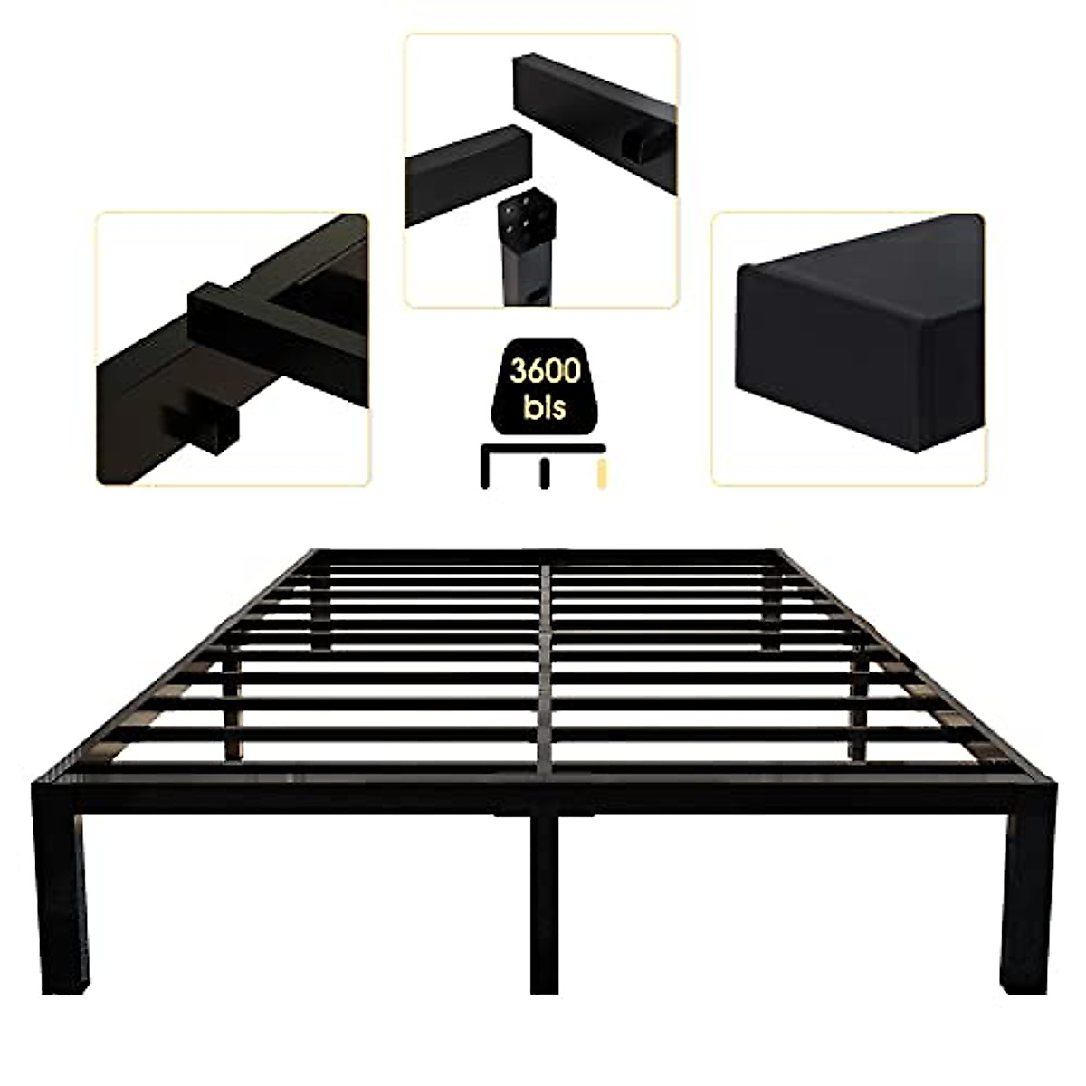 45MinST 3600lbs Heavy Duty Bed Frame,14 Inch Sturdy Steel Slat Mattress Foundation, Metal Reinforced Platform Box Spring Replacement, Easy Assembly with Quick Lock, Queen