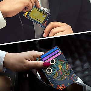 Linomo Thin leather Card Holder and Money Clip Ethnic Owl Flower Wallet RFID Blocking for Men & Women