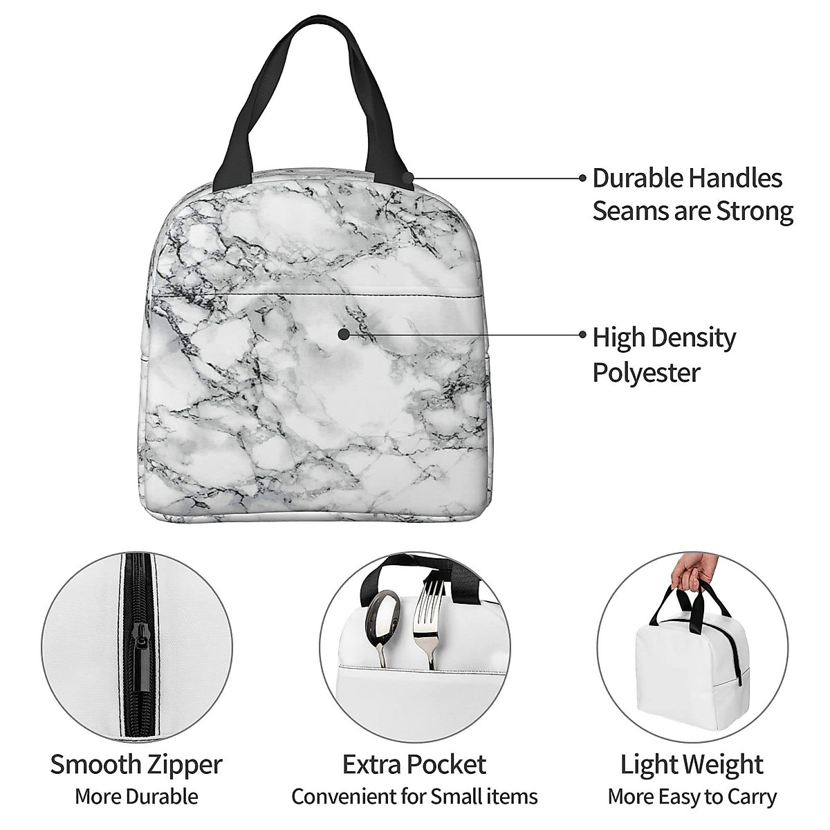 Fiokroo Lunch Bag Insulated Marble Texture Black And White Lunch Box Reusable Lunch Tote Bag For School Work College Outdoor Travel Picnic, 6l